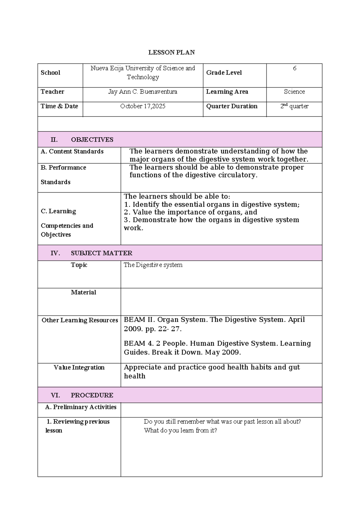 LESSON PLAN: Understanding the Digestive System (Science 2nd Qtr) - Studocu