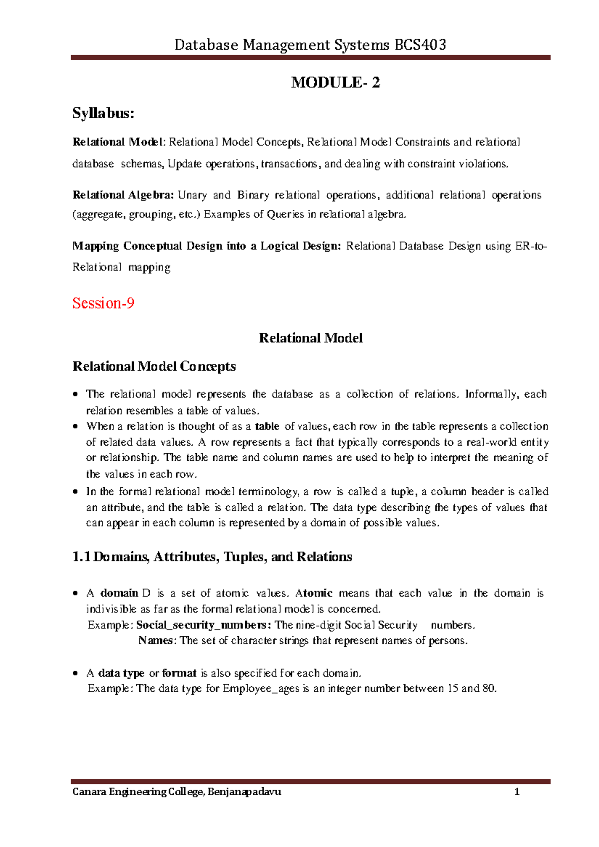 BCS403 Module 2: Relational Model Concepts and Operations in DBMS - Studocu