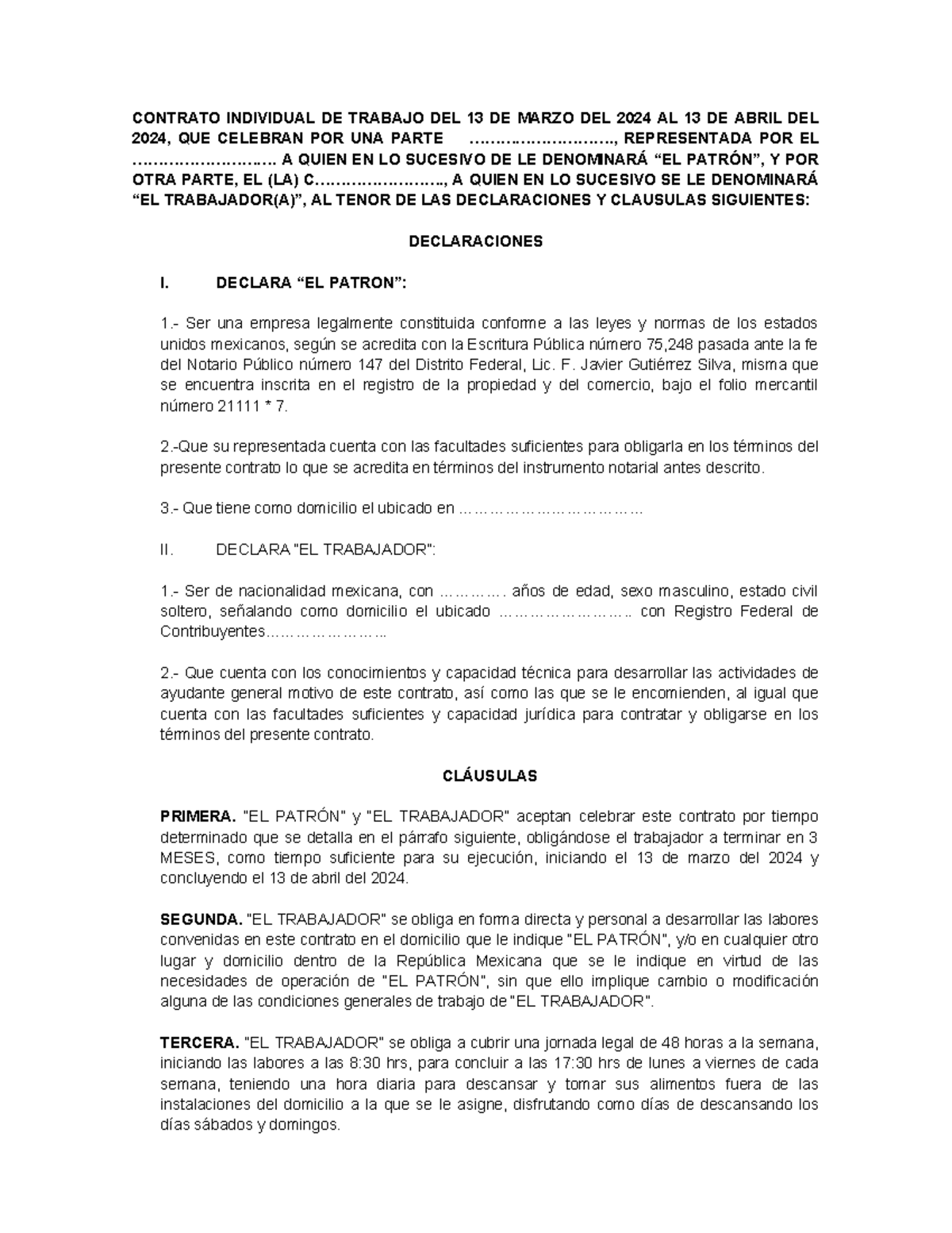 Contrato Machote 1 - CONTRATO INDIVIDUAL DE TRABAJO DEL 13 DE MARZO DEL ...