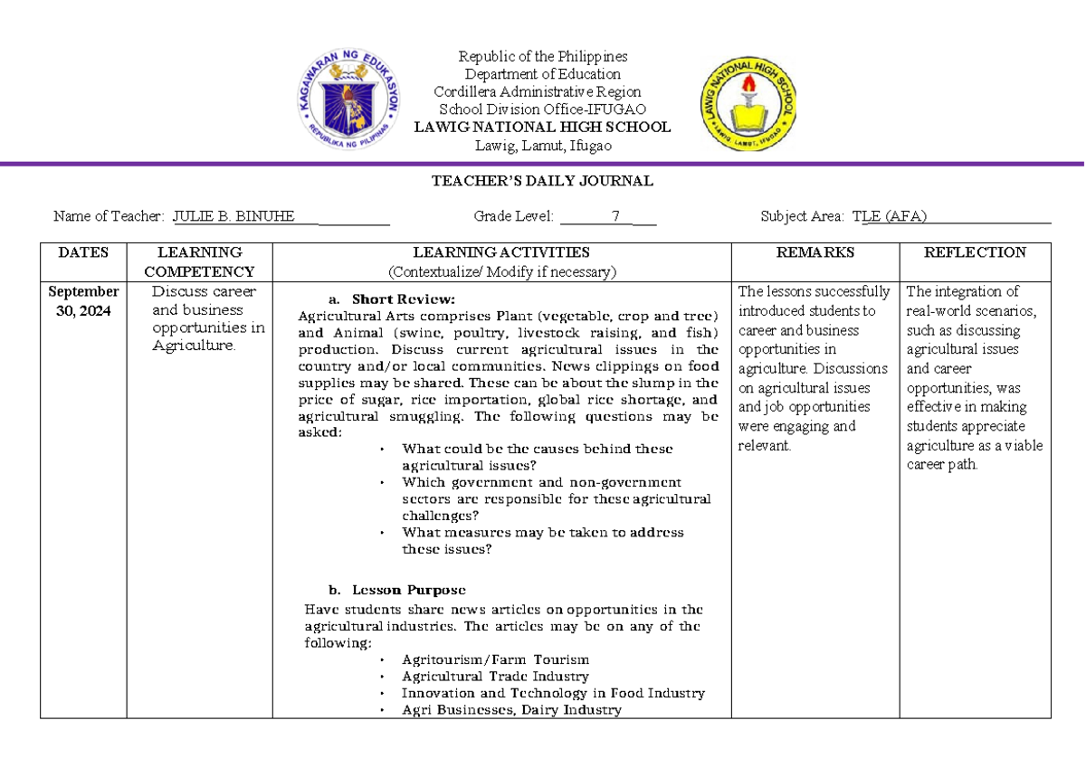 Grade 7 TLE (AFA) Daily Journal: Career Opportunities in Agriculture ...
