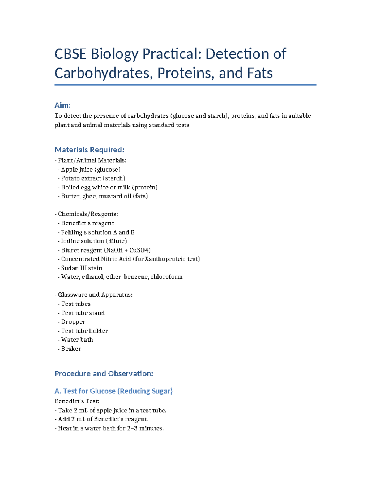 CBSE Biology Practical: Detection of Carbs, Proteins & Fats - Studocu