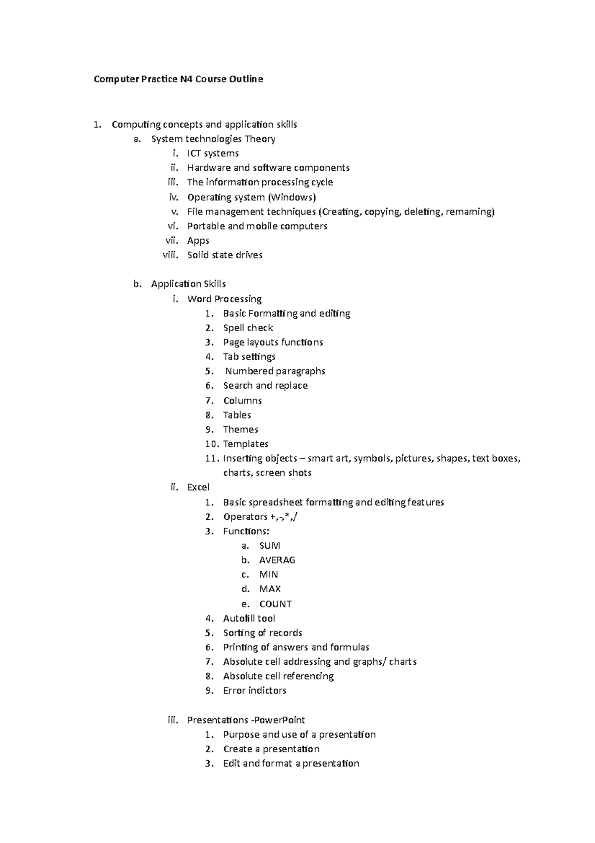 Computer Practice Course Outline - Computer Practice N4 Course Outline Computing concepts and ...