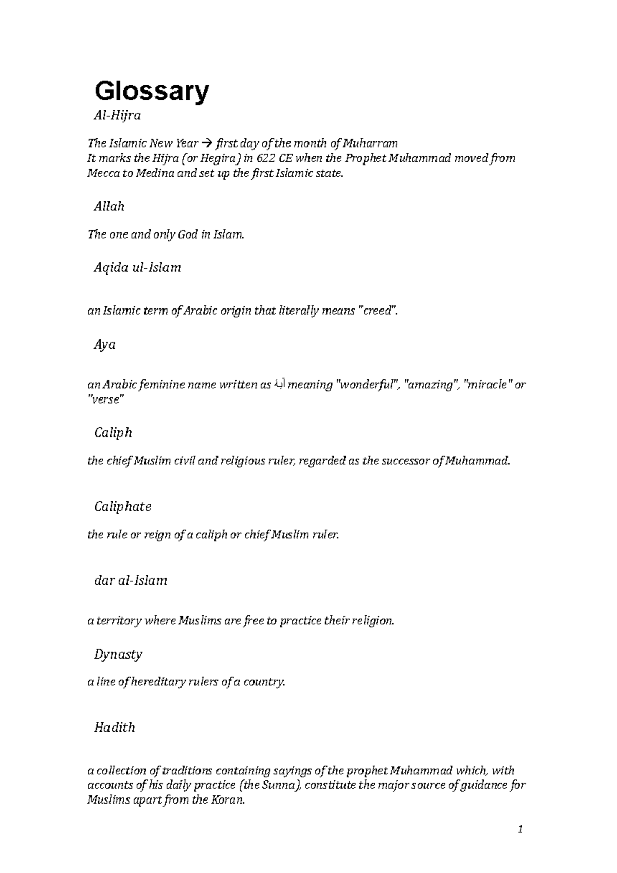 Glossary of Terms Islam - Glossary Al-Hijra The Islamic New Year first ...