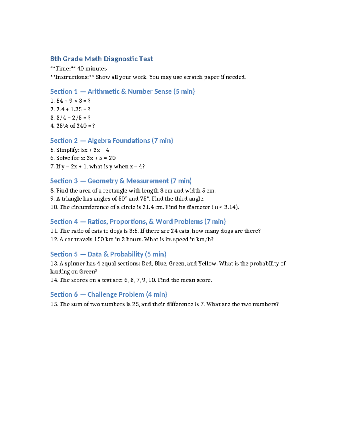 8th Grade Math Diagnostic Test: Comprehensive Review - Studocu