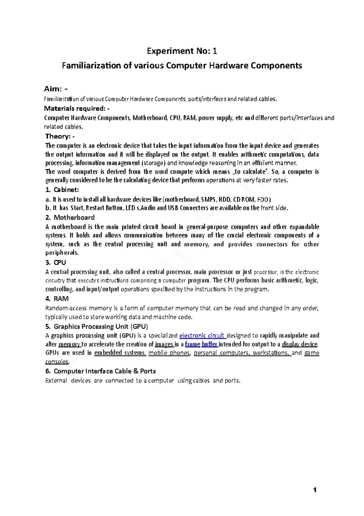 Exp 1-familiarising computer - Experiment No: 1 Familiarization of various Computer Hardware ...