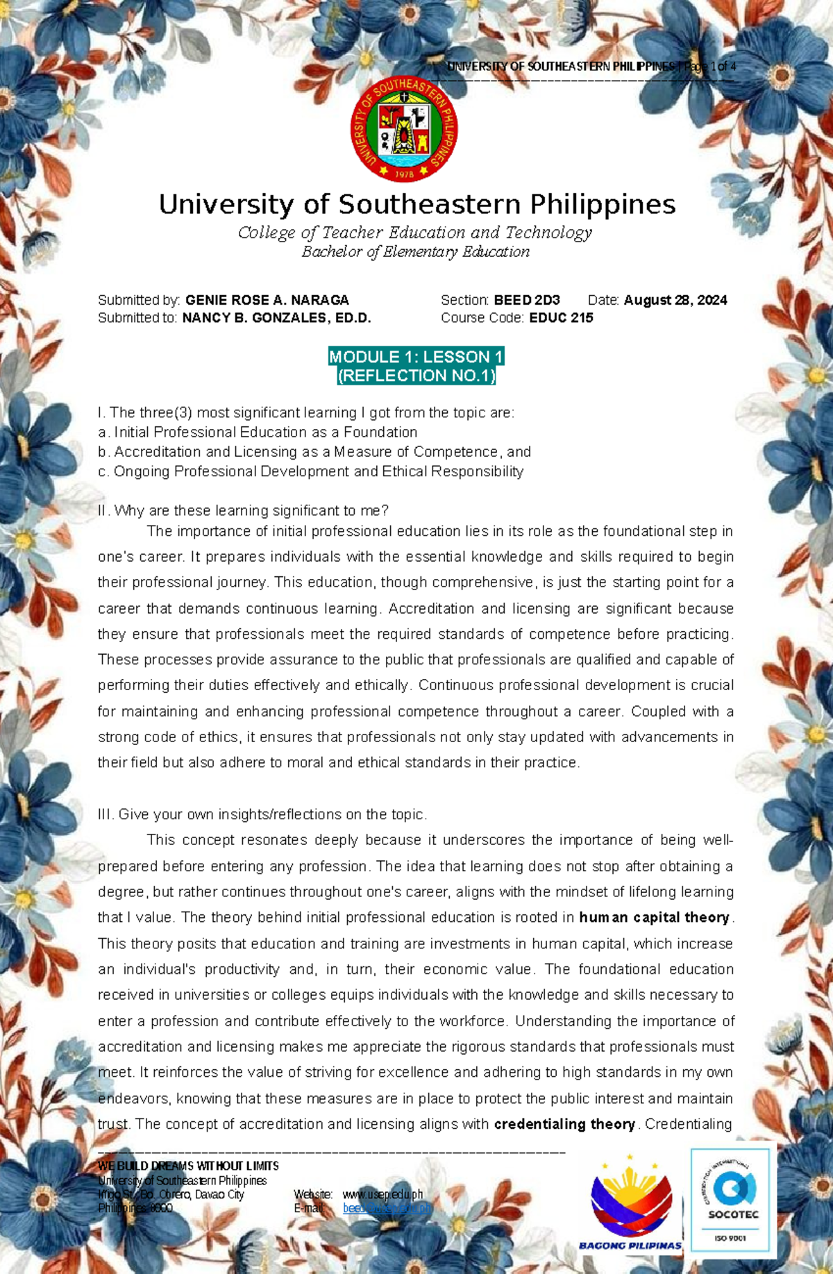 EDUC 215: Module 1 Lesson 1 Reflection Paper on Professional Education ...
