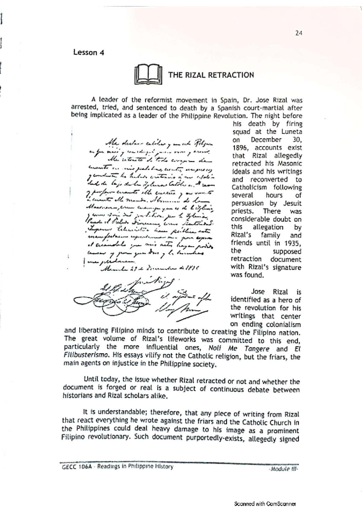 Module III Lesson 4 - Rizal's retraction letter - 24 Lesson 4 THE RIZAL ...