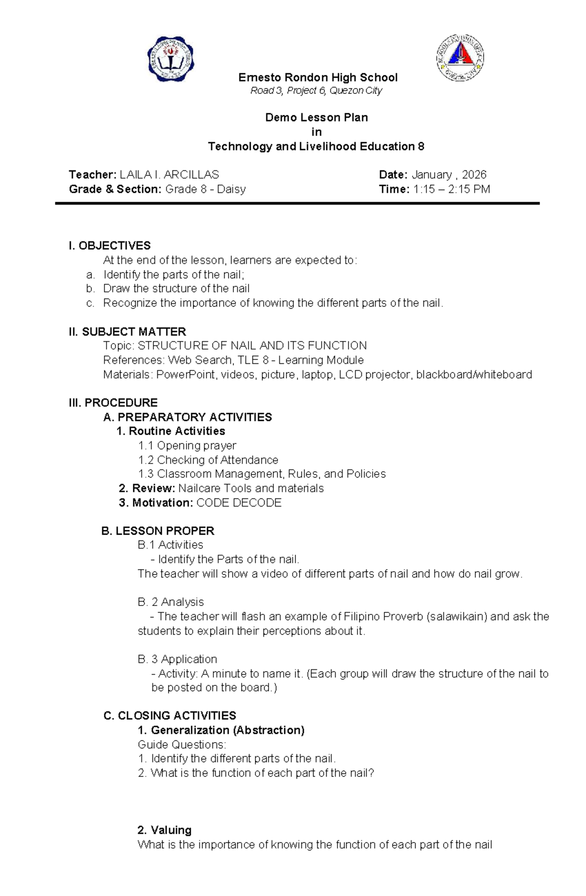 TLE 8 Demo Lesson Plan: Structure of Nail & Its Function - Studocu