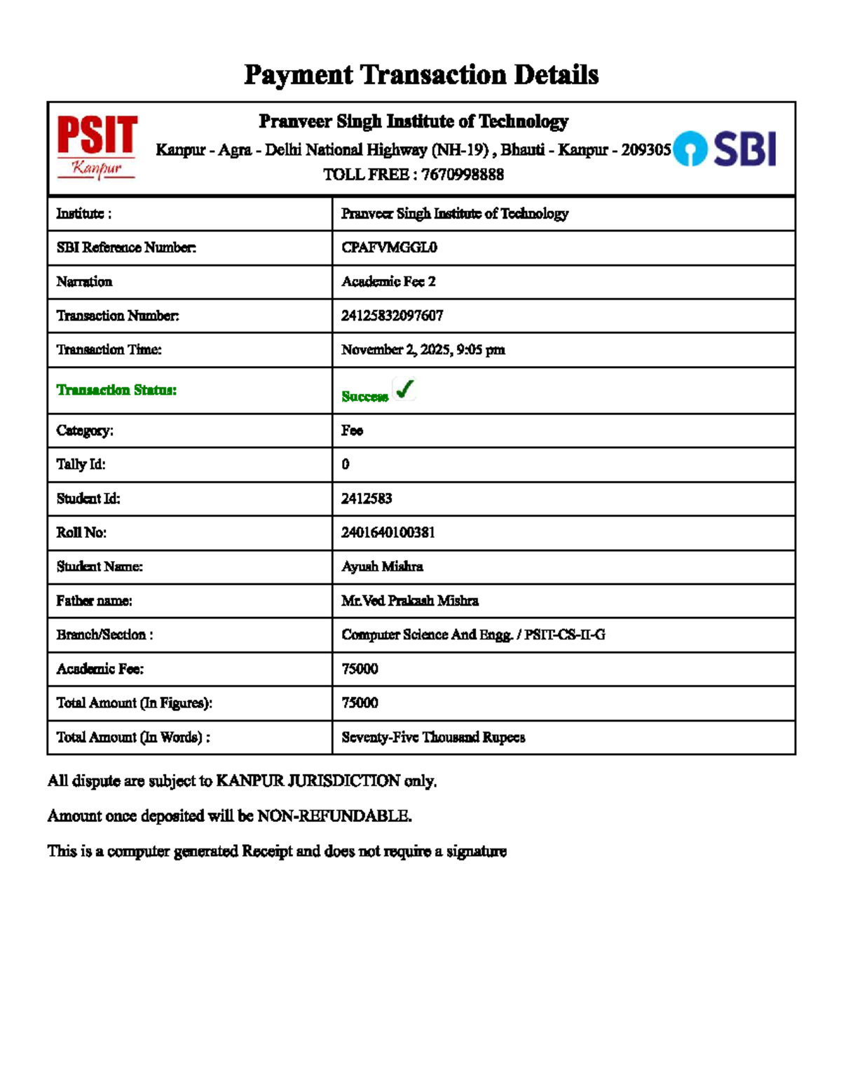 Payment Transaction Receipt for Academic Fee - PSIT - Studocu