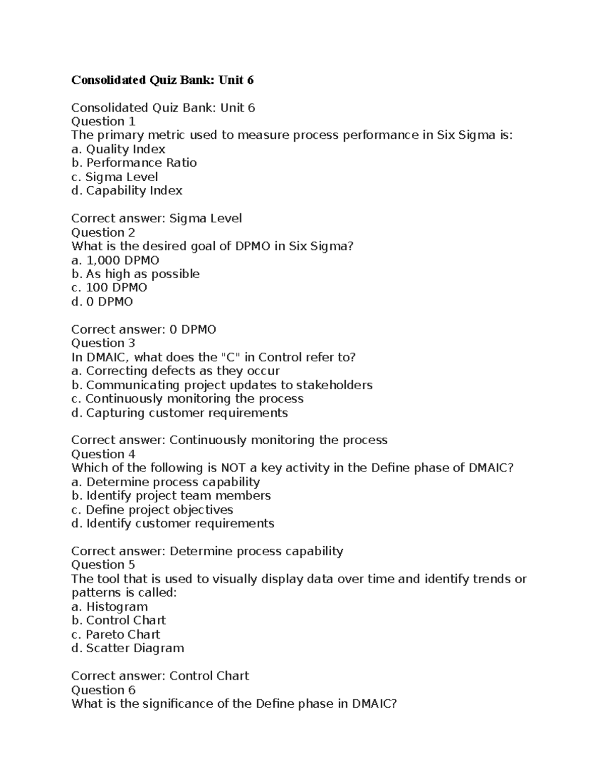 Unit 6 Quiz Bank: Key Concepts and Answers for Six Sigma - Studocu