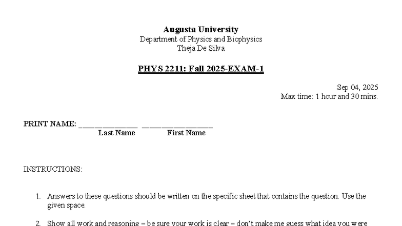 PHYS 2211 Fall 2025 Exam I: Blank Answer Sheet - Studocu