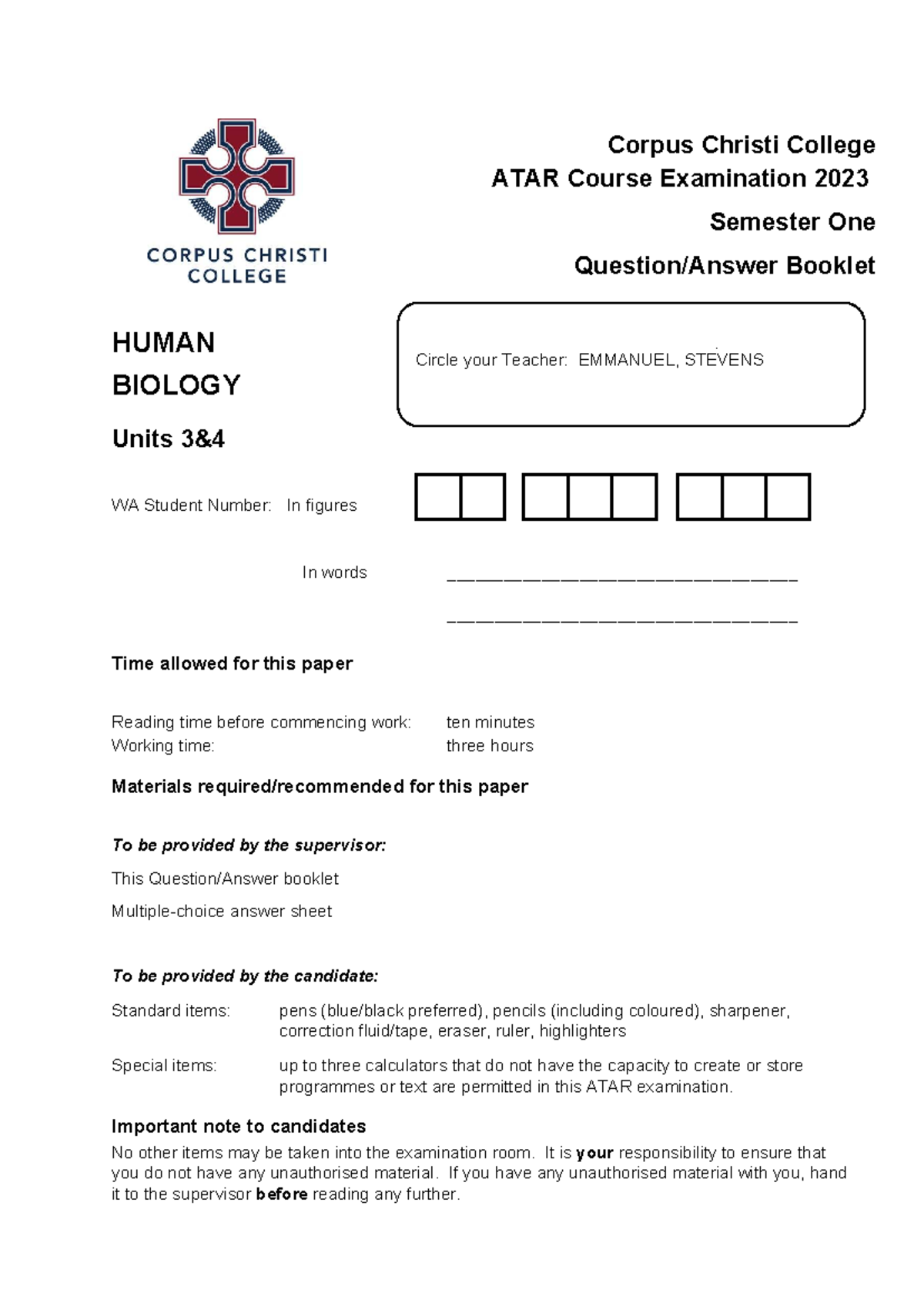 12 HB 2023 S1 Human Biology ATAR Exam Booklet - Studocu