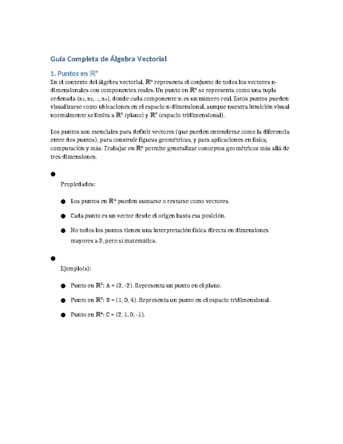 Guía Completa de Álgebra Vectorial 1: Puntos en ℝⁿ y Vectores Unitarios ...