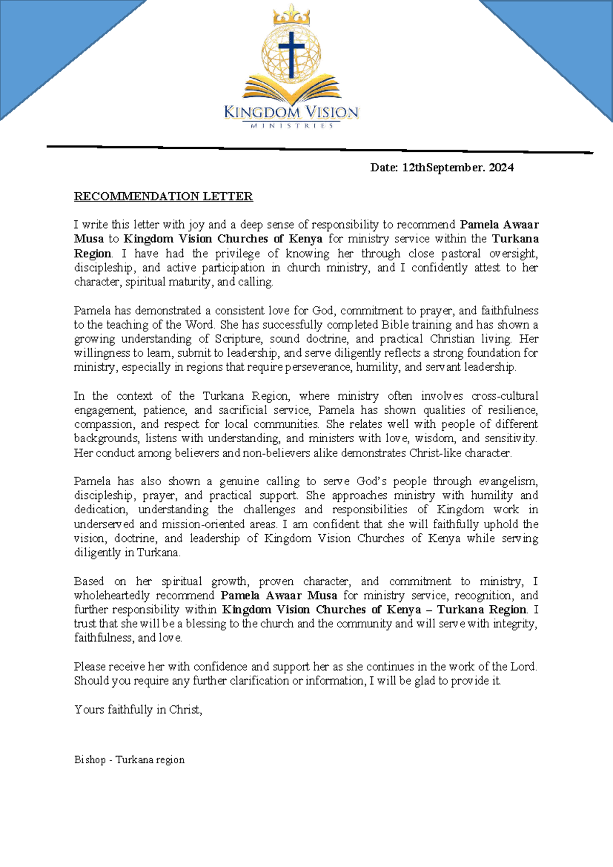 Recommendation Letter for Pamela Awaar Musa - Ministry Service - Studocu