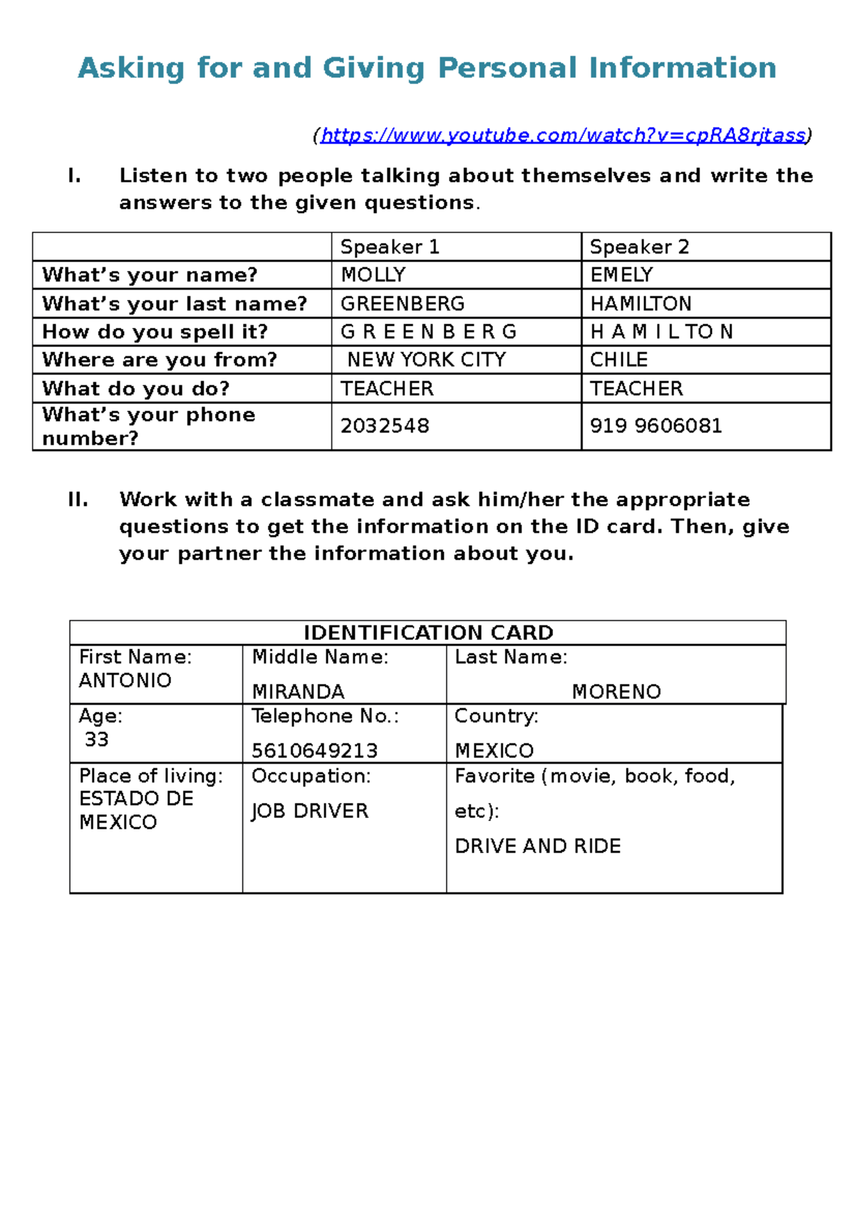 ENG 101: Asking for and Giving Personal Information Activity - Studocu