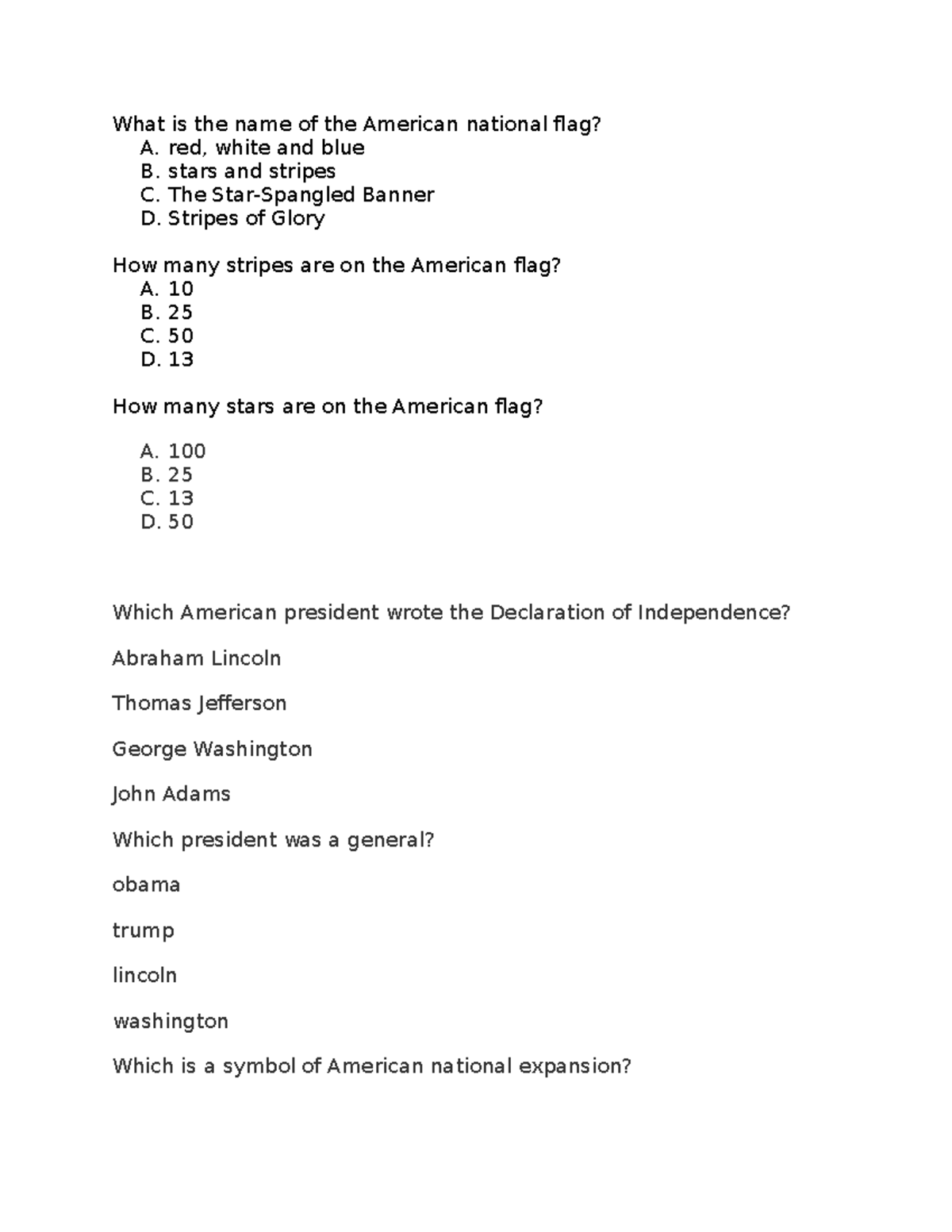 US History Quiz: American Flag, Presidents, and Symbols - Studocu