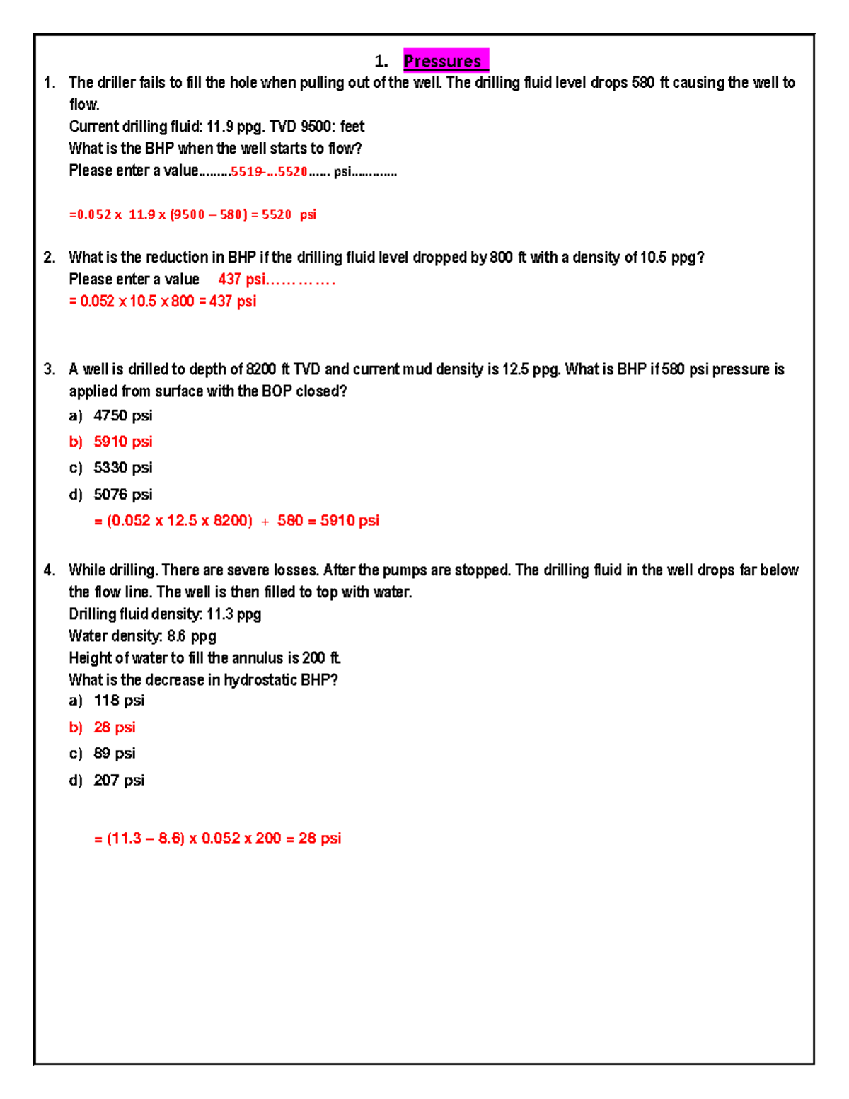 Calculations for BHP and MAASP in Drilling Operations (Course Code: DRL ...