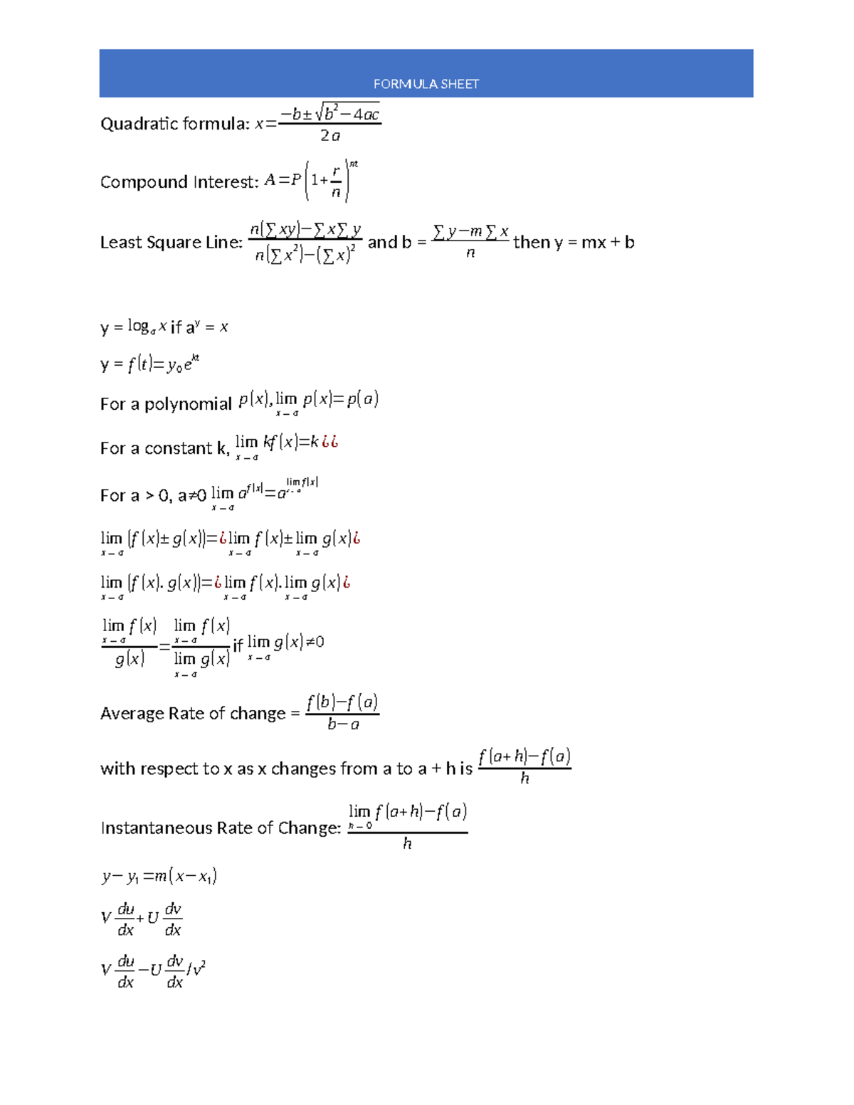 Mathematics Formula Sheet for Course MATH101: Key Concepts & Equations ...