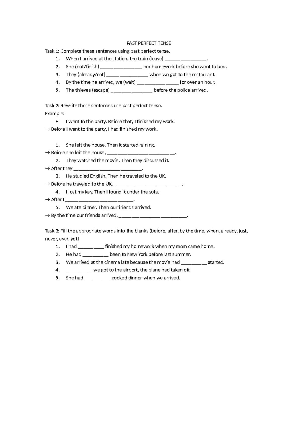 Past Perfect Tense Practice Exercises and Tasks - Studocu