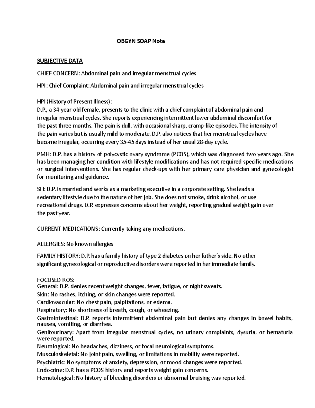 OBGYN SOAP Note 1 Practicum 2 - Abdominal Pain & Irregular Cycles - Studocu