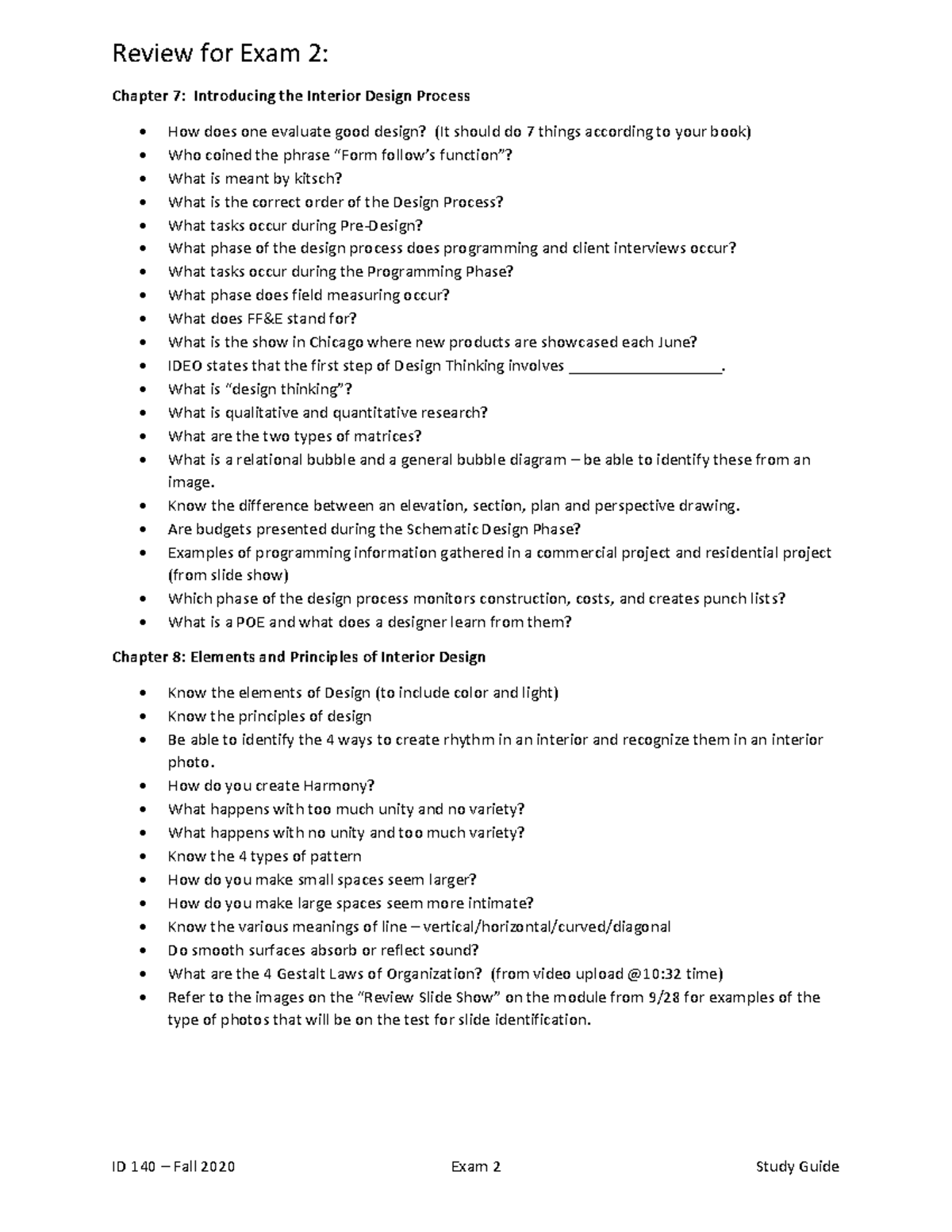 ID 140 - Fall 2020 Exam 2 Study Guide: Interior Design Process ...