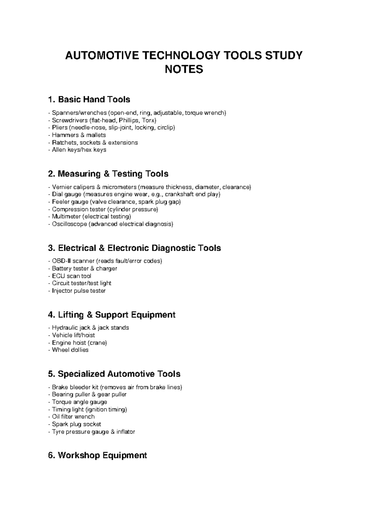 AUTOMOTIVE TECHNOLOGY TOOLS STUDY NOTES: HAND & MEASURING TOOLS - Studocu