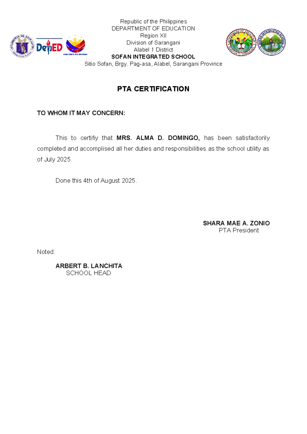 PTA Certification Report for School Staff - July 2025 - Studocu