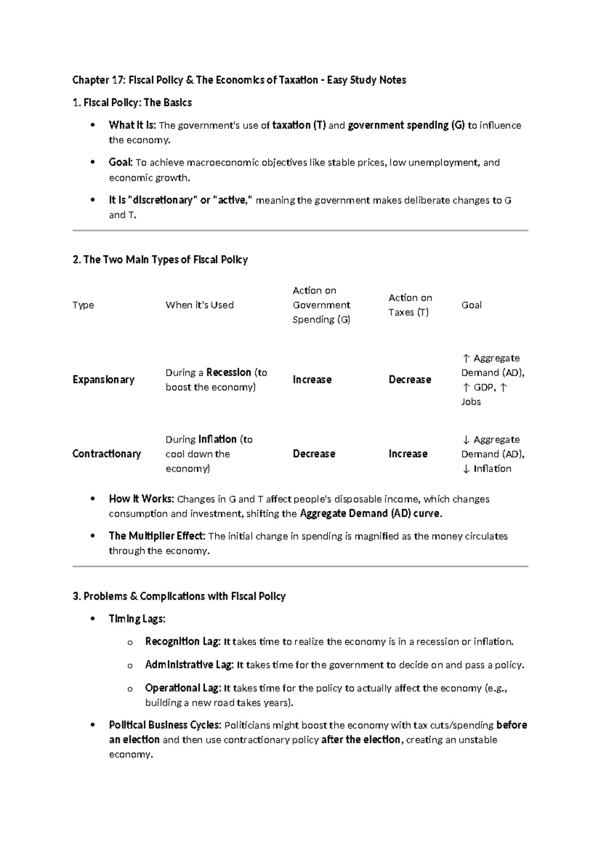 Chapter 17: Easy Study Notes on Fiscal Policy & Taxation - Studocu