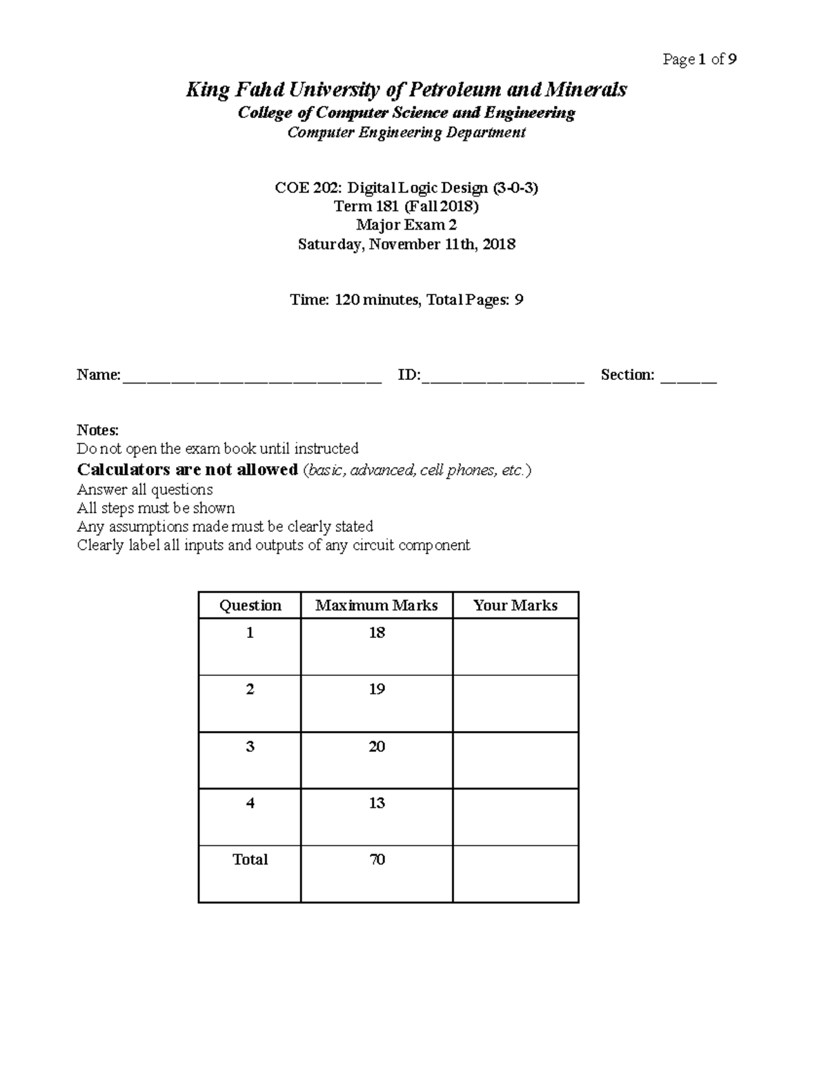 COE 202: Digital Logic Design Major Exam 2 Notes (Fall 2018) - Studocu