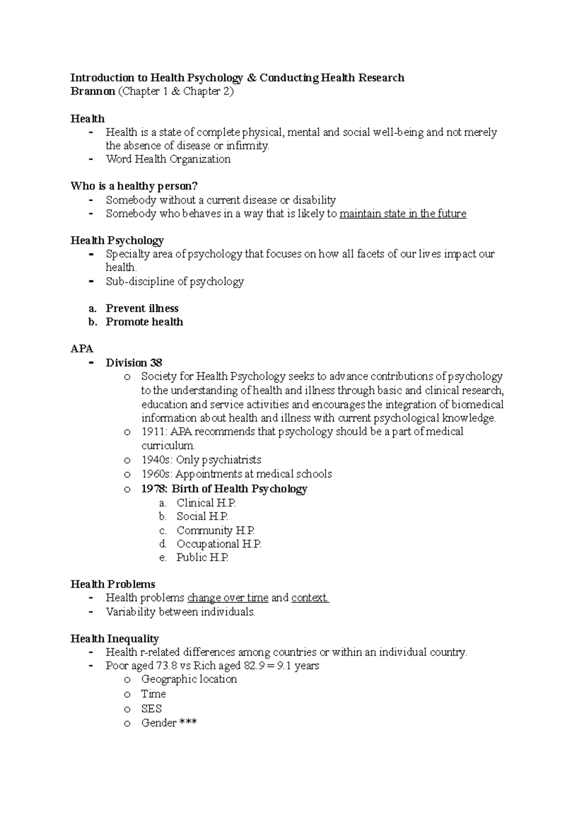 Health Psychology & Research Methods: Introductory Concepts (Ch 1-2 ...