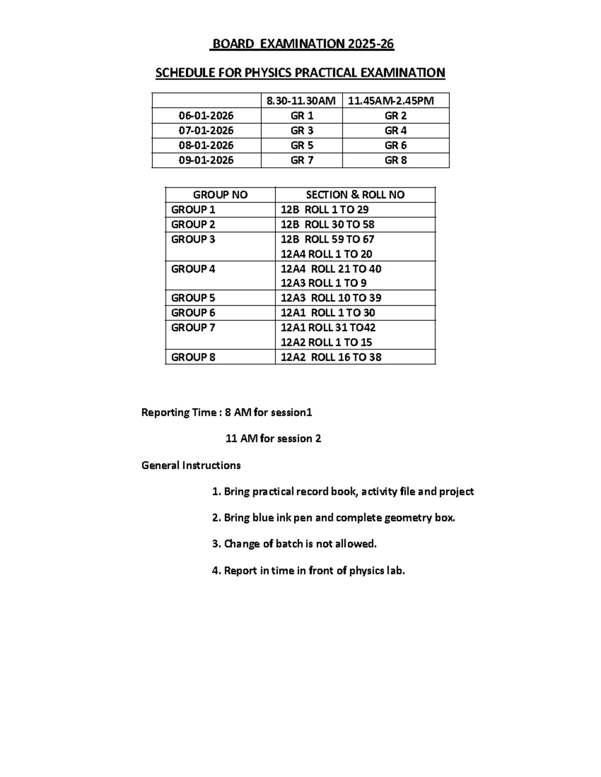 PHYSICS PRACTICAL EXAM SCHEDULE 12B & 12A GROUPS 2026 - Studocu
