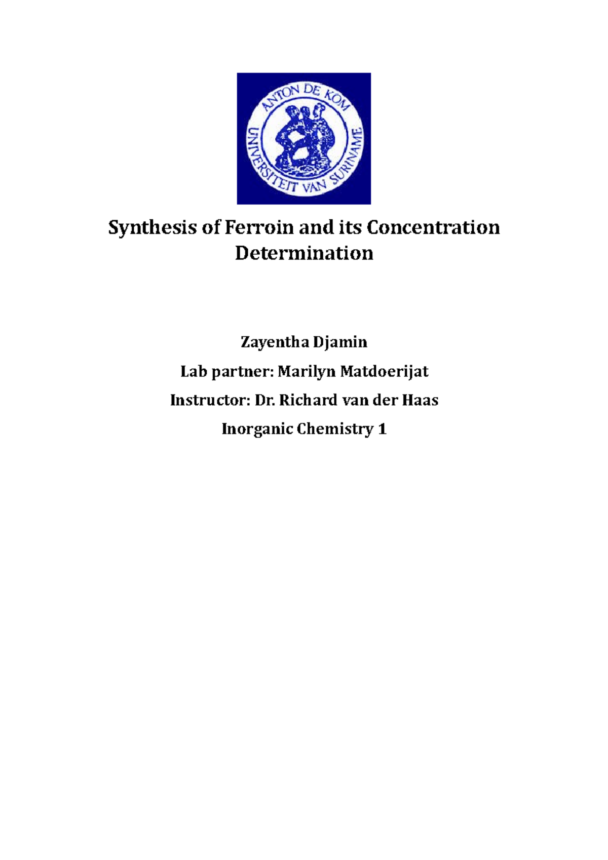 Synthesis of Ferroin and Concentration Determination in Inorganic Chem ...