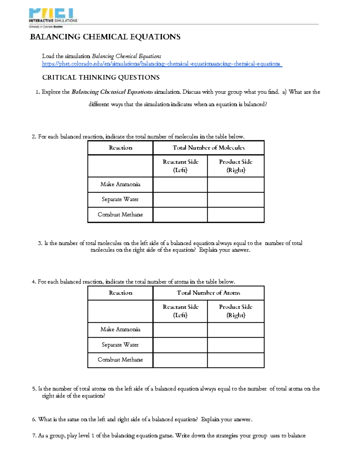 2223 Balancing Chemical Equations Guided Inquiry Handout - Studocu