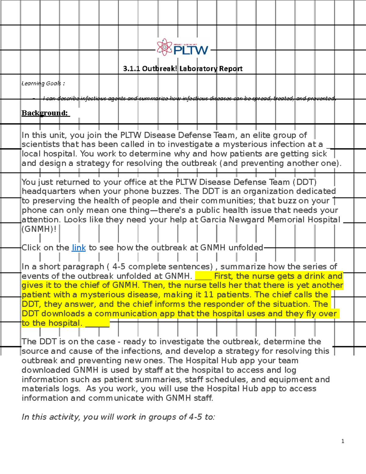 PLTW 3.1.1 Outbreak! Laboratory Investigation Report - Studocu