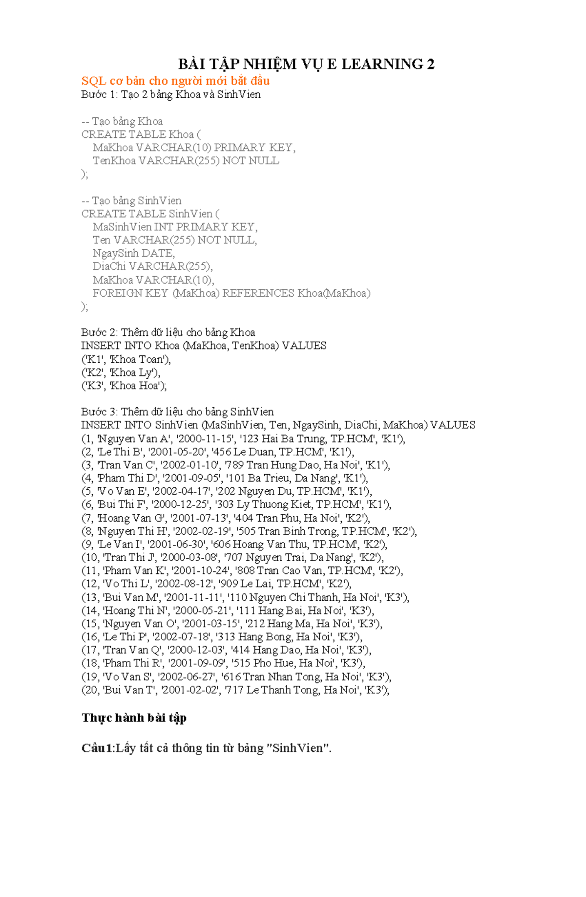 BÀI TẬP NHẬN VỤ E LEARNING 2: SQL Cơ Bản Cho Người Mới Bắt Đầu - Studocu