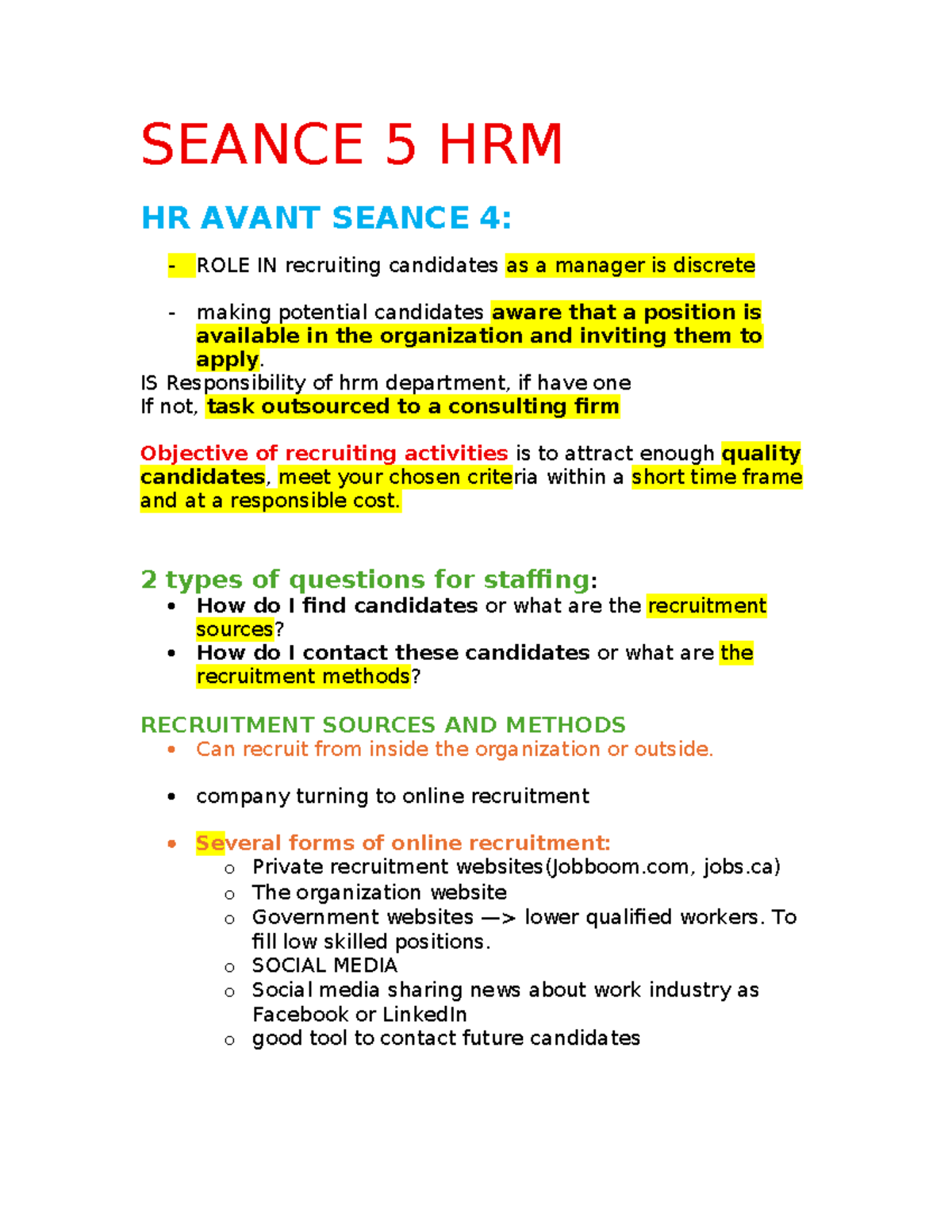 Seance 5 HRM: Recruitment Strategies and Best Practices - Studocu