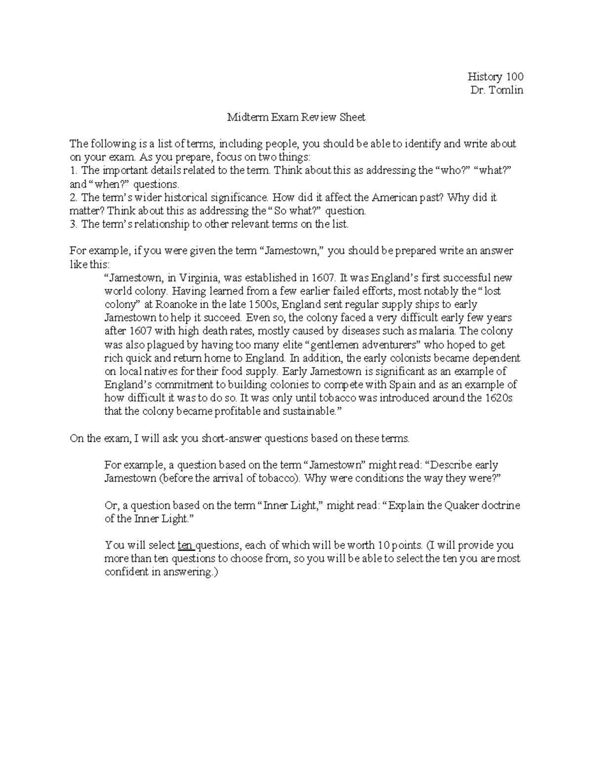 History 100 Dr. Tomlin Midterm Exam Review: Key Terms & Concepts - Studocu