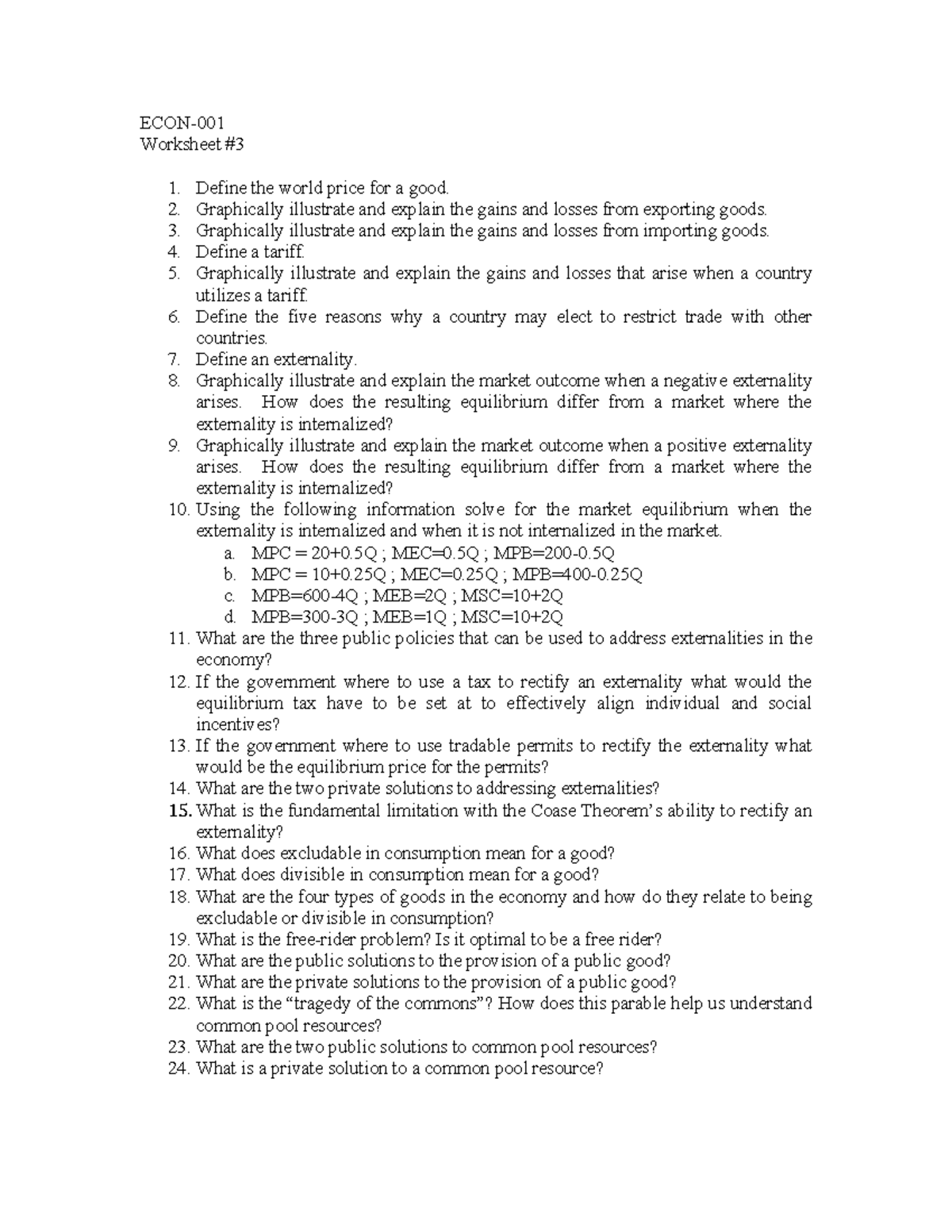 ECON-001 Worksheet #3: Externalities, Trade, and Market Equilibria ...