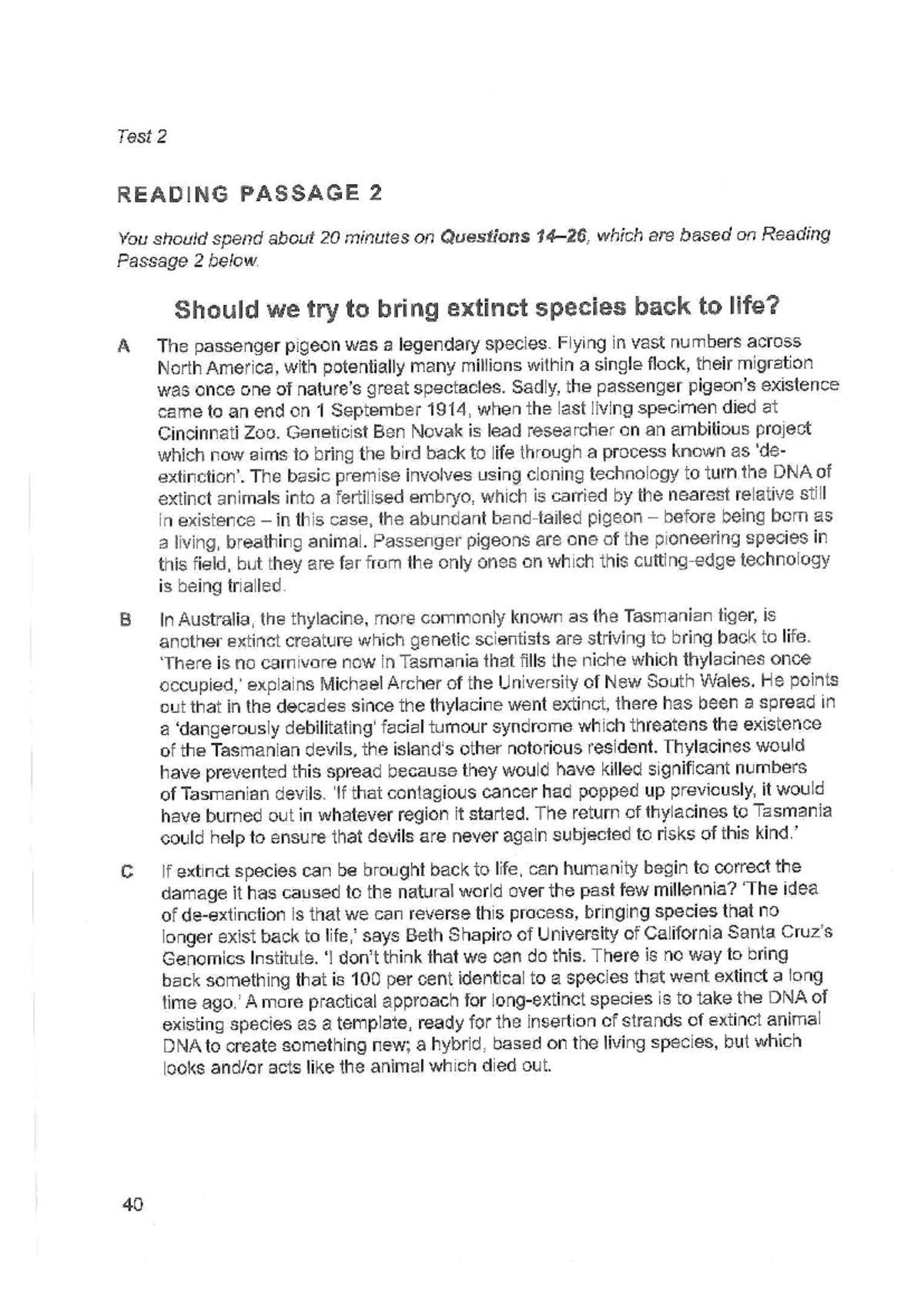 U7 Reading - Test 2: Reviving Extinct Species and Climate Change ...