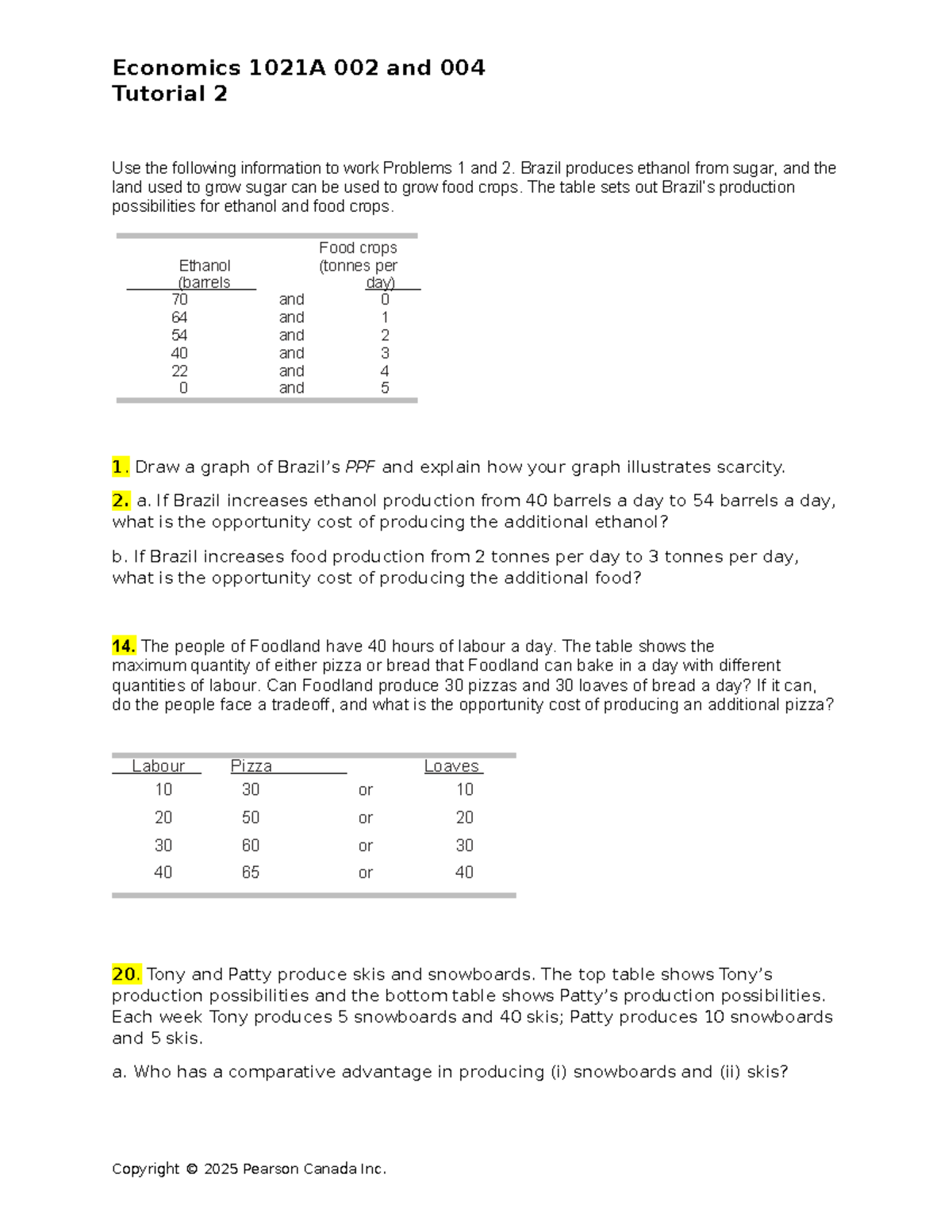 Economics 1021A 002 & 004 Tutorial 2: PPF & Opportunity Cost Analysis ...