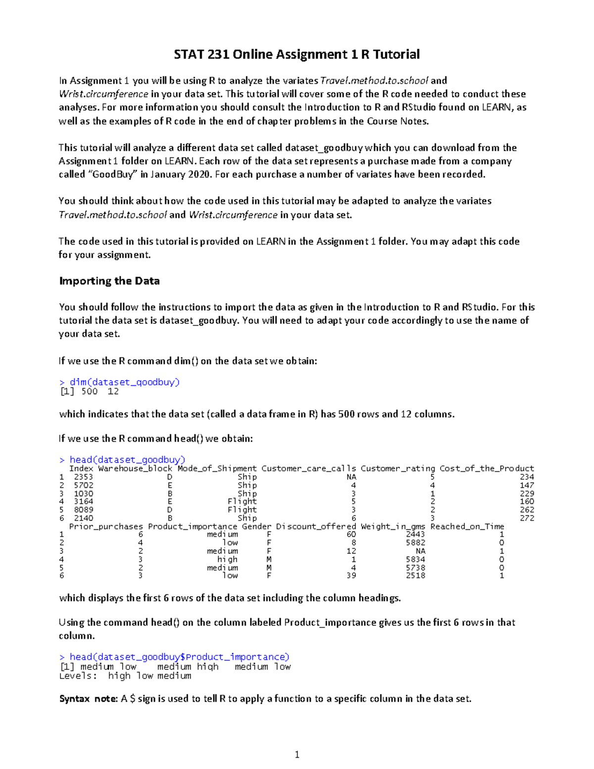 Assignment 1 W22 R Tutorial - STAT 231 Online Assignment 1 R Tutorial ...