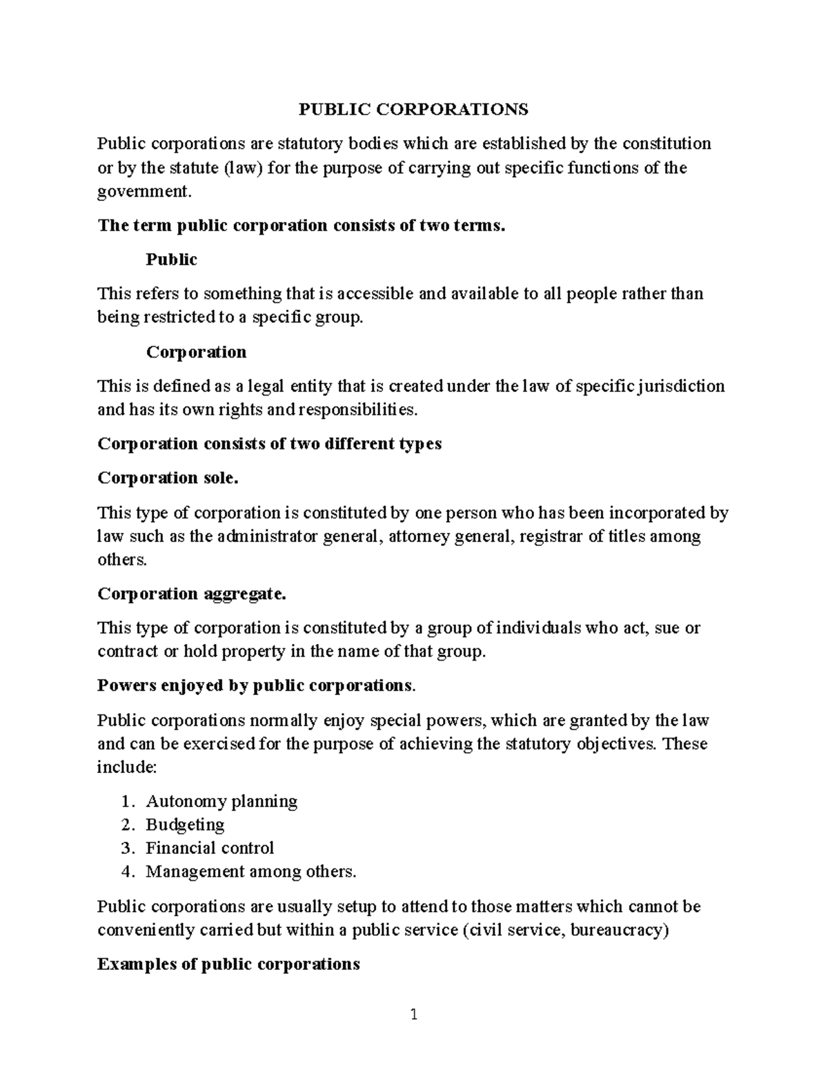 Public Corporations Overview - Group 6 Study Notes - Studocu