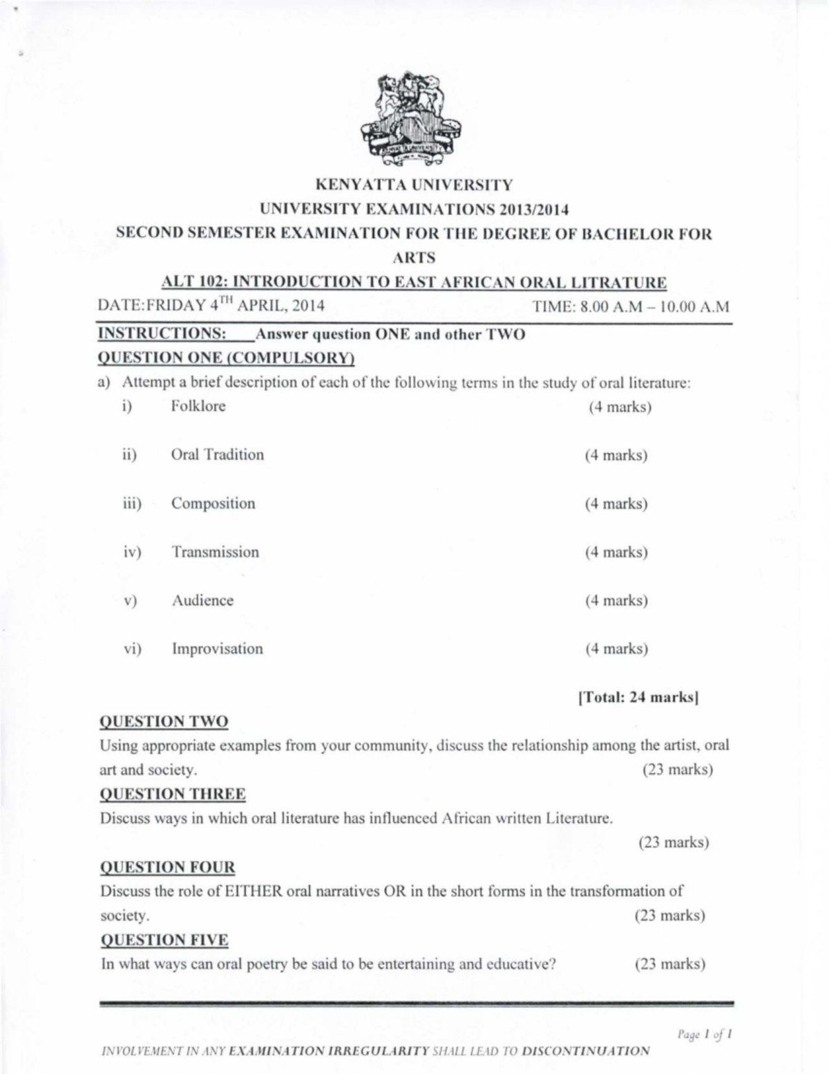 ALT 112: East African Oral Literature Final Exam Questions - Studocu