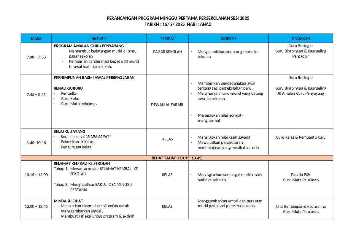 Perancangan Program Minggu Pertama Persekolahan Sesi 2025 - Studocu