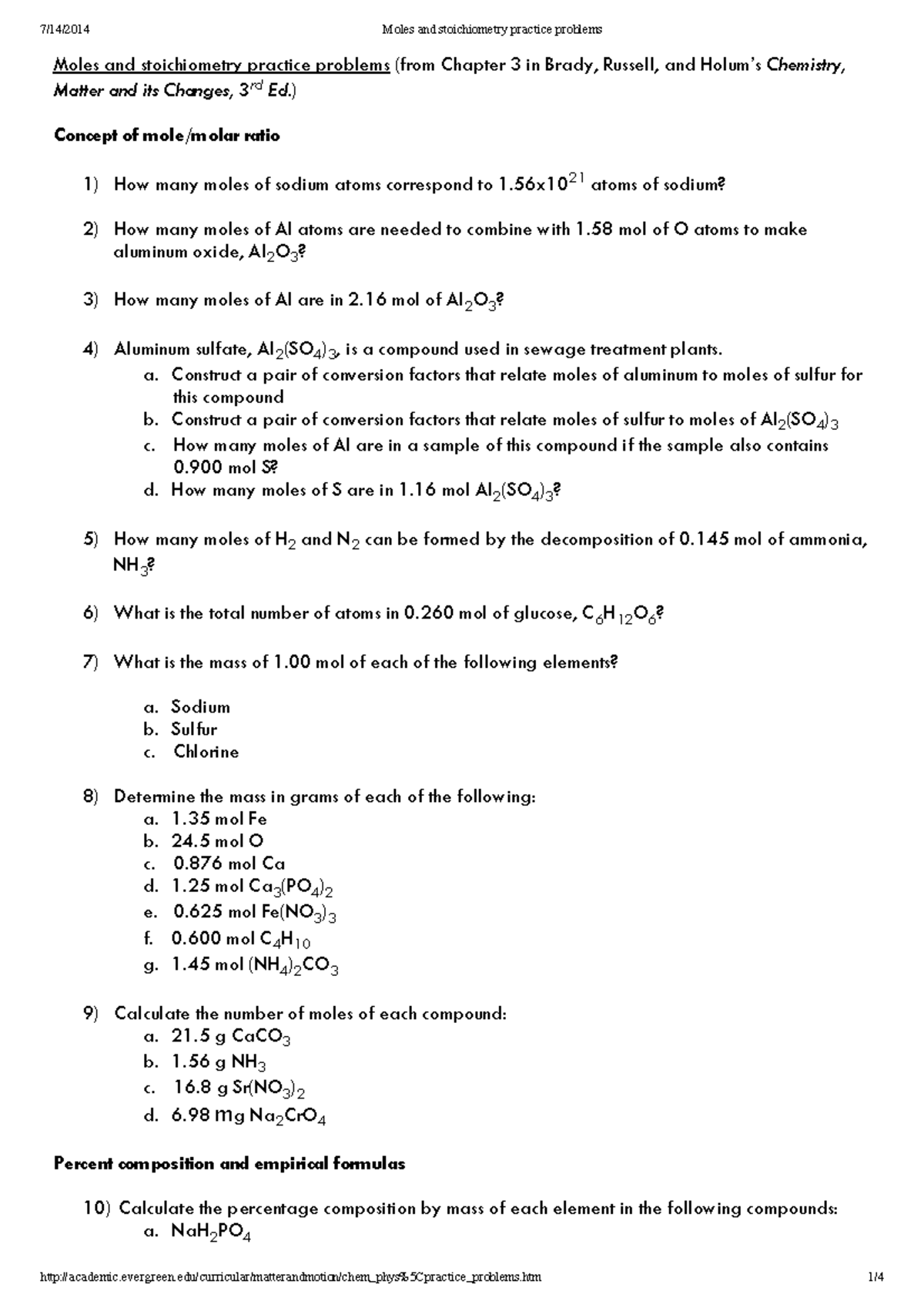 Moles and Stoichiometry Practice Problems (Chemistry 101) - Studocu