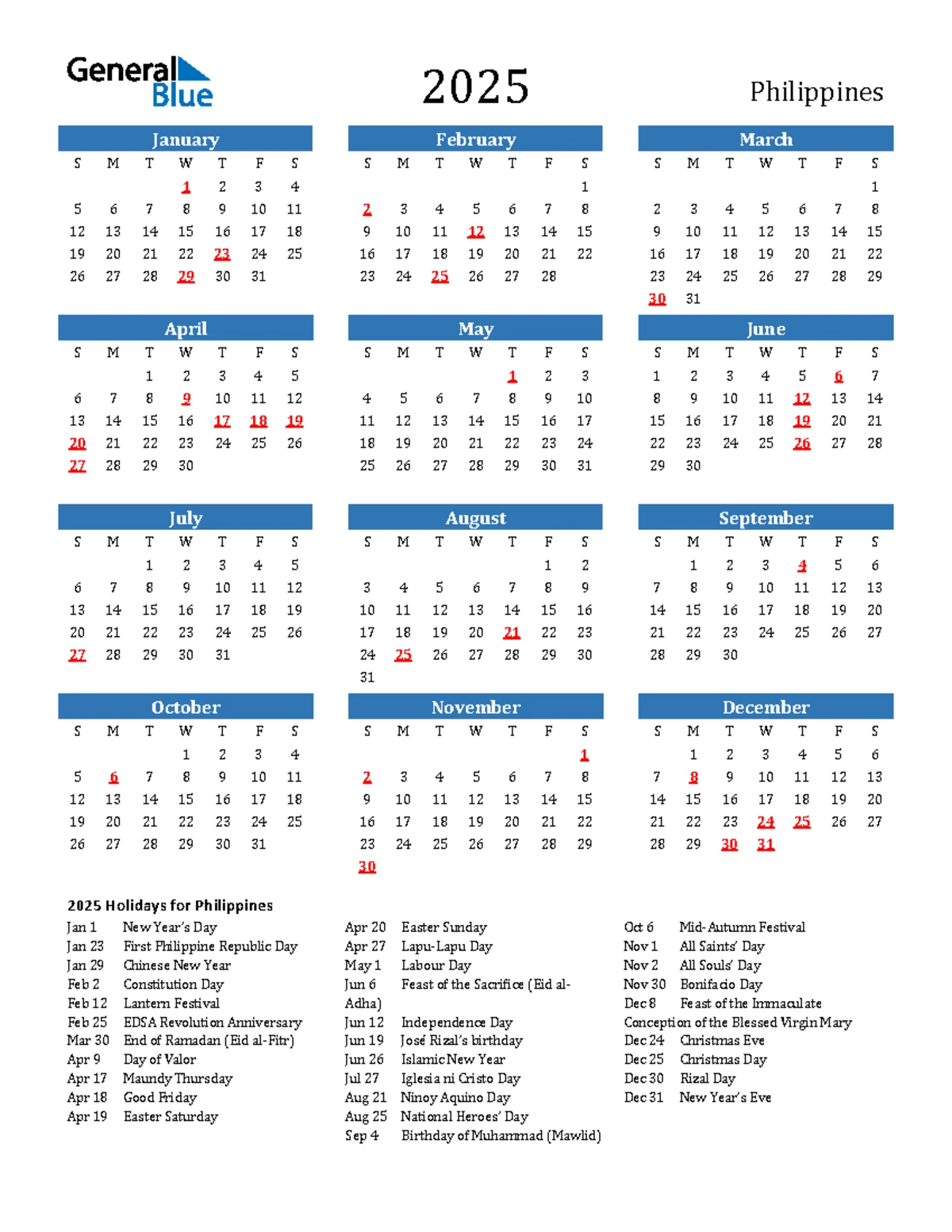 2025 calendar simple with holidays portrait sunday start en ph - 2025 ...