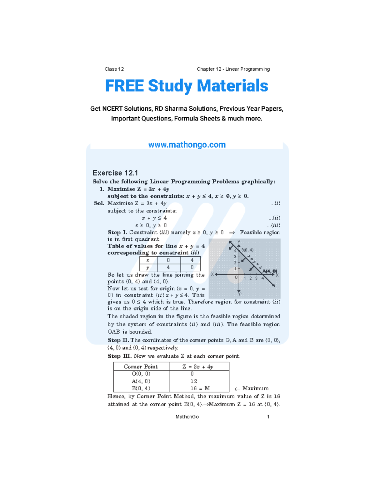 Class 12 Chapter 12 Linear Programming Exercises and Solutions - Studocu