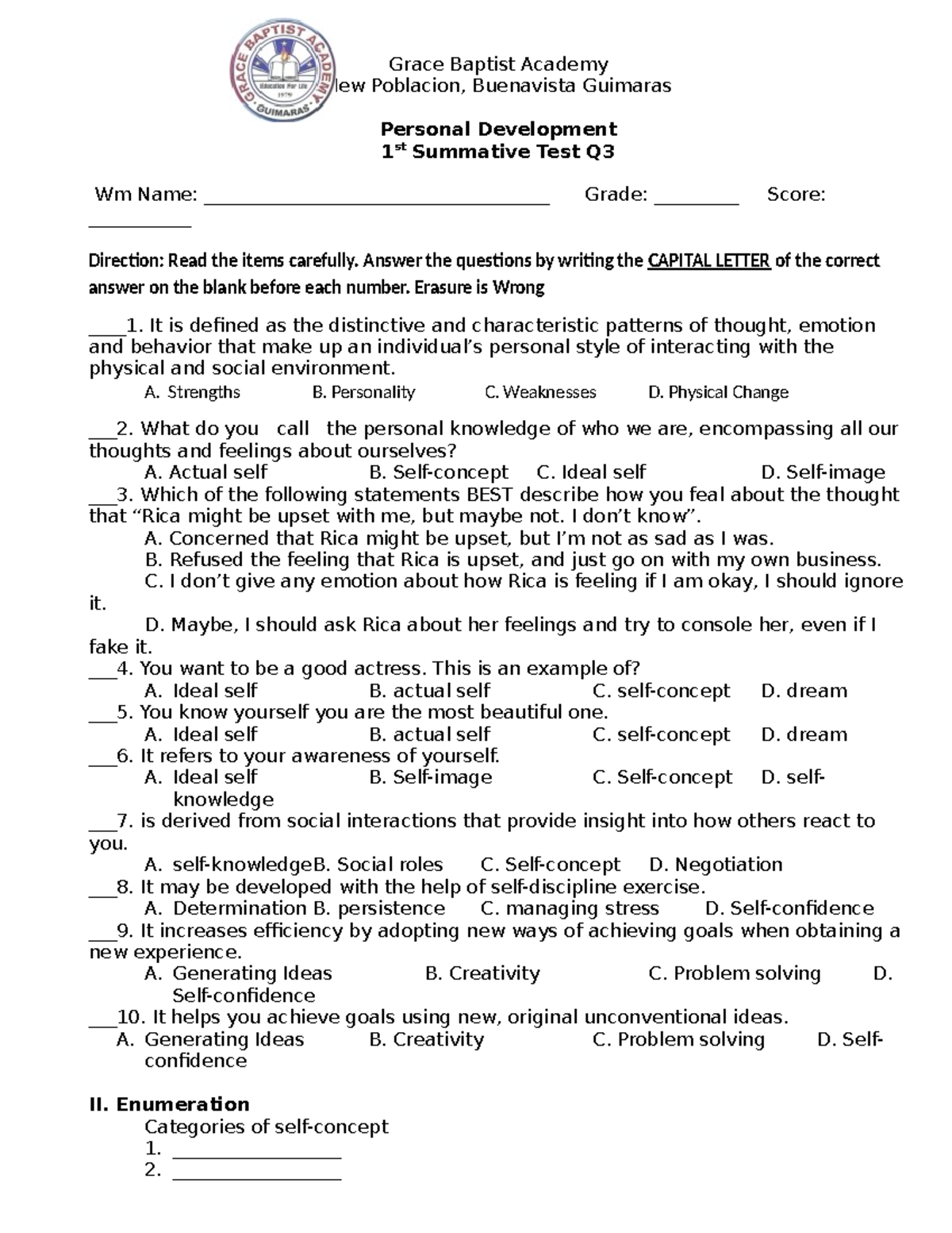 Perdev 1st Summative Test Questions and Answers - Studocu