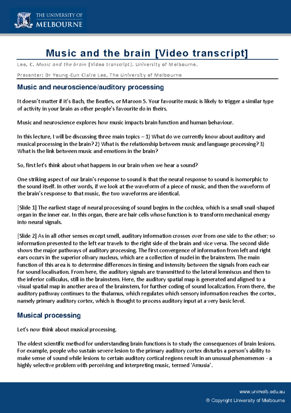 MUSI2014 9 Music and the brain - Video transcript-1 - unimelb.edu Music ...