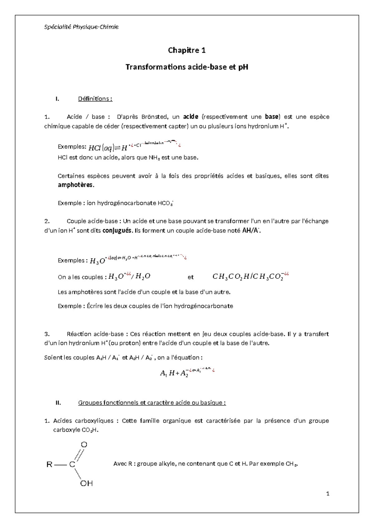 Chapitre 1 : Transformations Acide-Base et pH en Physique-Chimie - Studocu